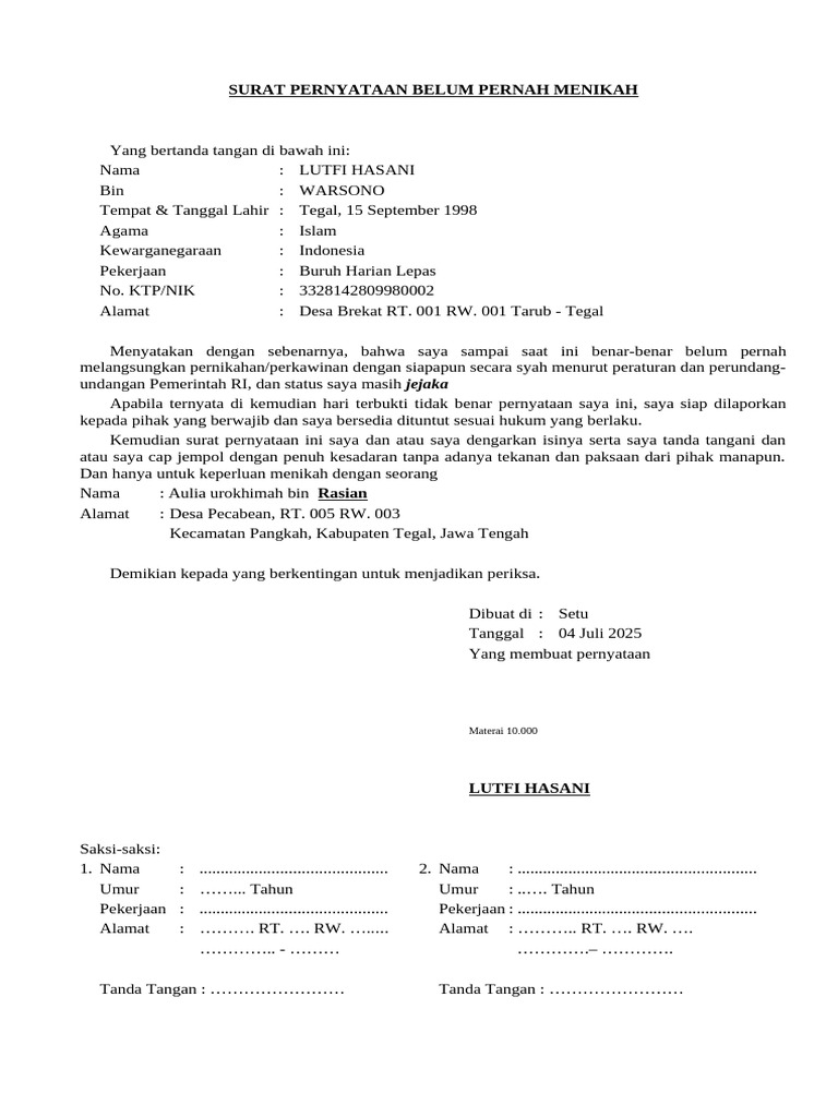 Surat Pernyataan Belum Menikah Lutfy | PDF