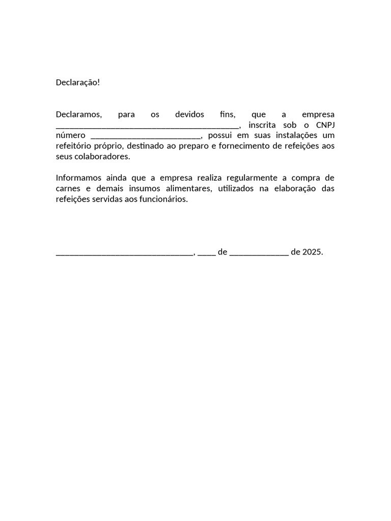 Declaração de Refeitório Empresarial | PDF