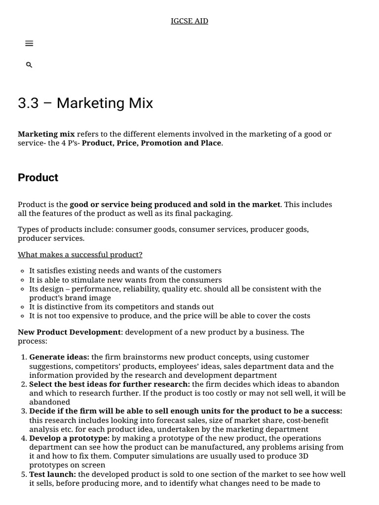 3.3 – Marketing Mix – IGCSE AID | PDF | Pricing | Brand
