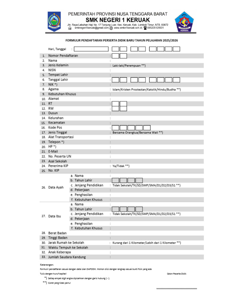 Formulir SPMB SMKN 1 Keruak 2025 | PDF
