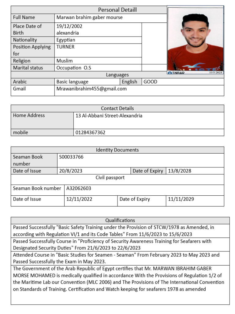 Marwan Ibrahim Gaber's Seafarer CV | PDF
