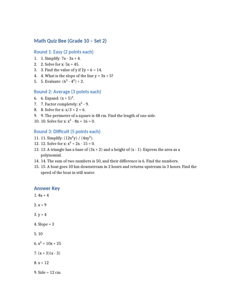 Grade 10 Math Quiz Bee Questions | PDF