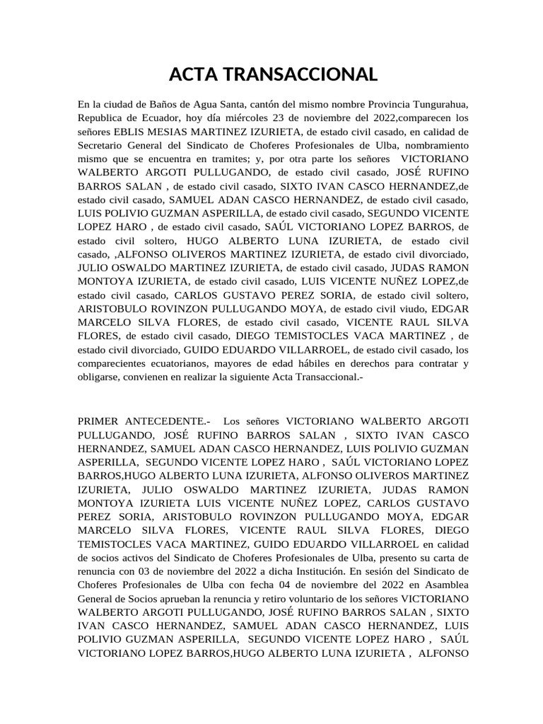 Acta Transaccional Sindicato Choferes Ulba | PDF
