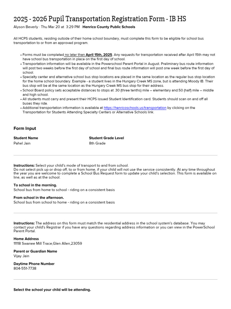 2025-2026 HCPS Transportation Form | PDF | Bus