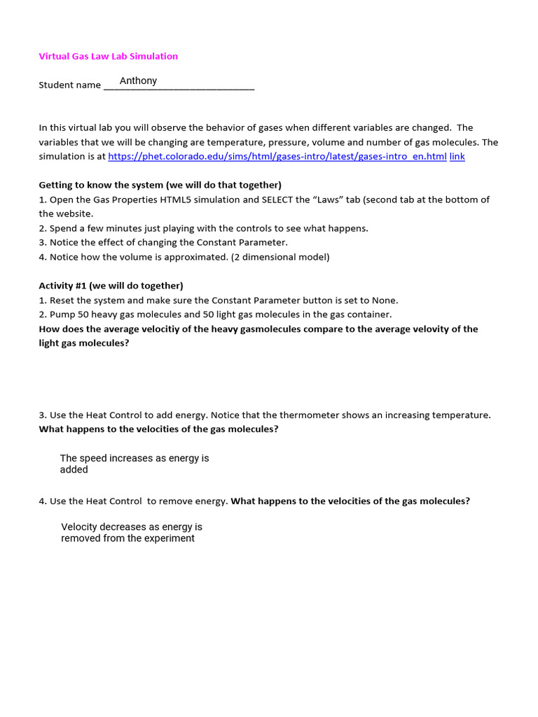 Virtual Gas Laws Lab Activities | PDF | Gases | Variable (Mathematics)