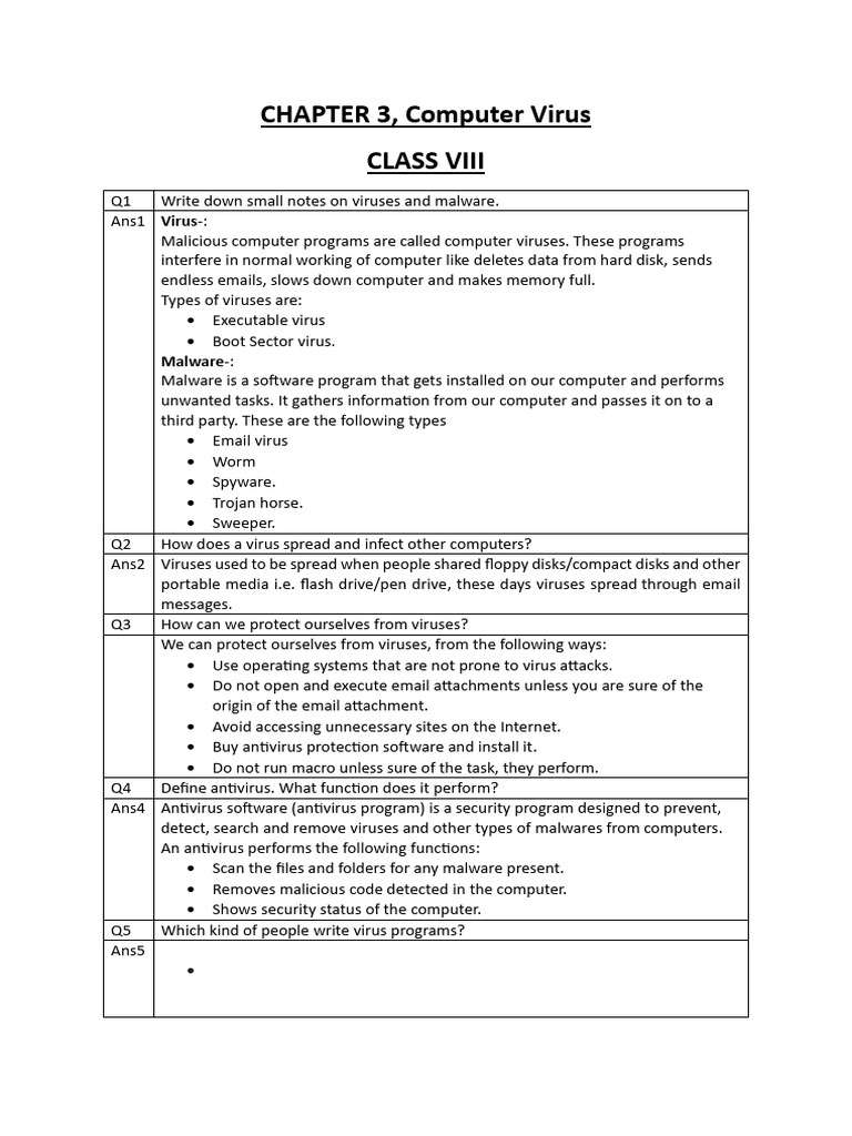 CLASS 8 - CHAPTER 3 - Computer Virus | PDF | Computer Virus | Malware