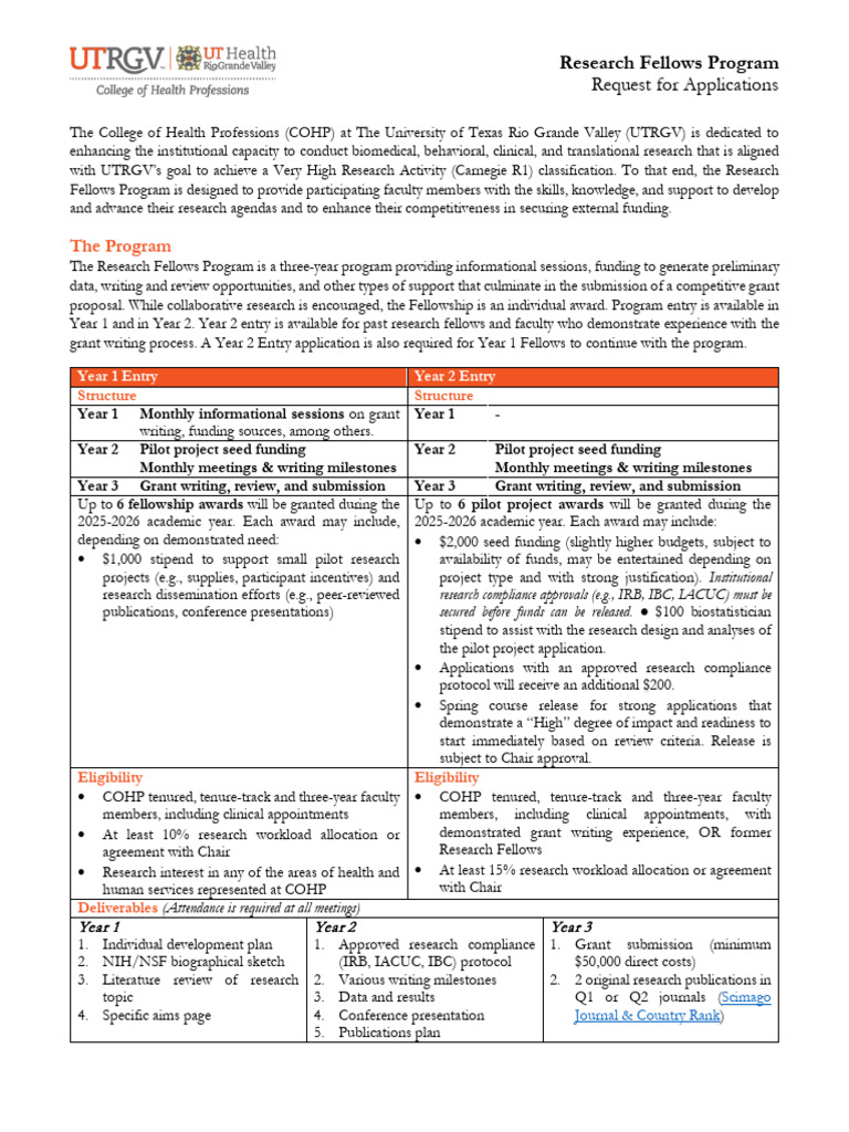 UTRGV Research Fellows Program 2025-2026 | PDF | Institutional Review ...