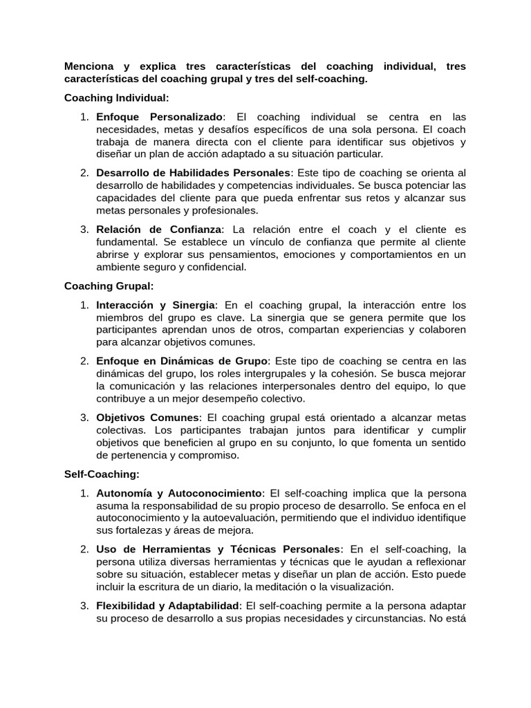 Características del Coaching Individual, Grupal y Self-Coaching | PDF ...