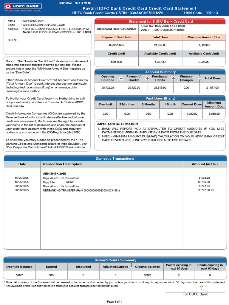HDFC Bank Credit Card Statement Summary | PDF | Banks | Credit Card