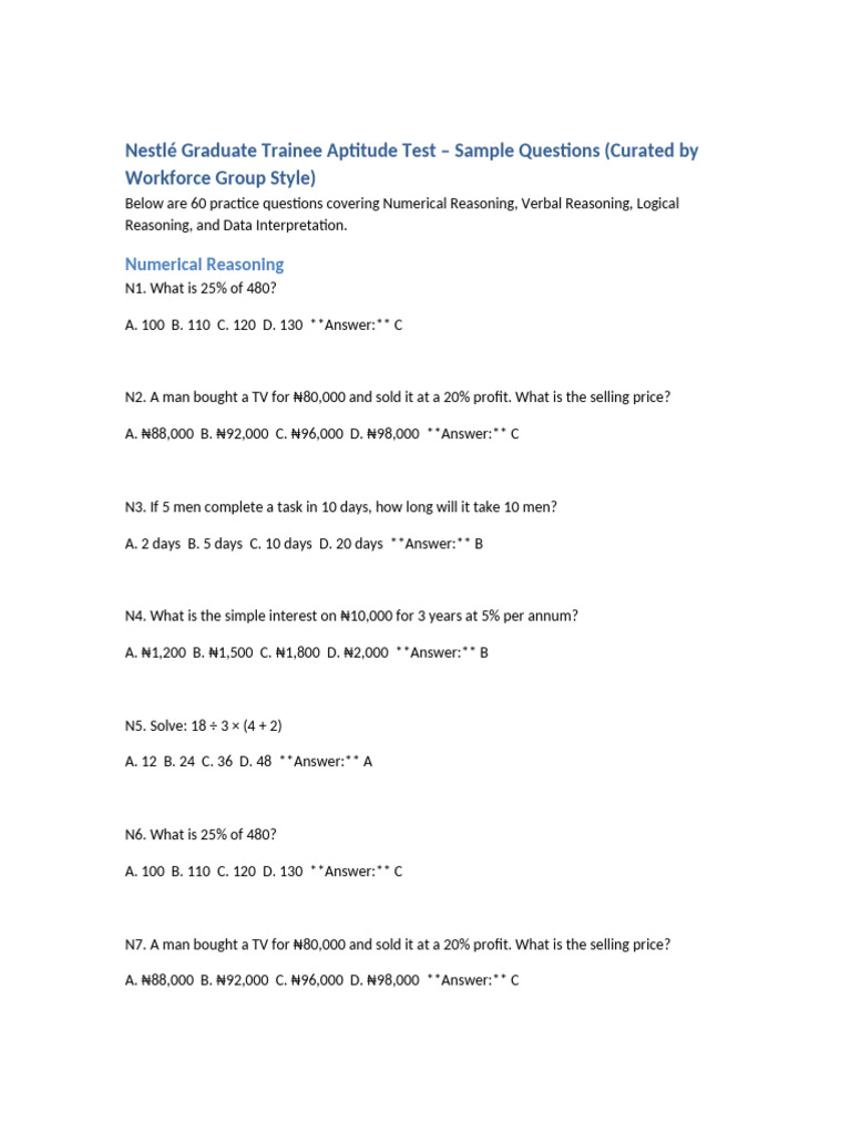 Nestlé Graduate Trainee Test Questions | PDF
