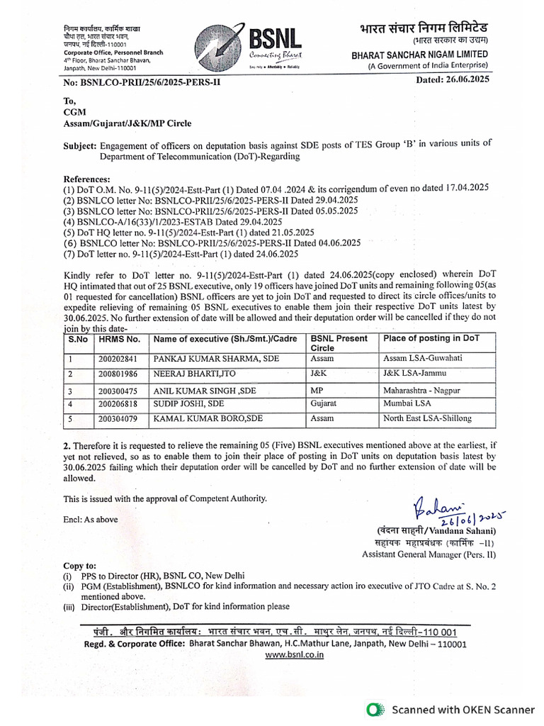 Relieving of SDEs To DoT On Deputation 26 Jun 25 | PDF