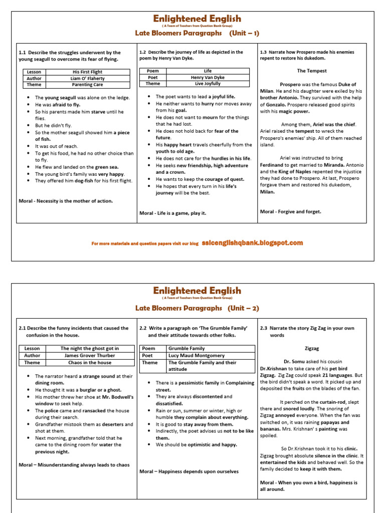 10th English - Paragraphs - Late Bloomers | PDF | The Tempest