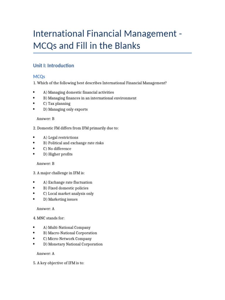 IFM All Units MCQs FIB With Answers | PDF | International Monetary Fund ...