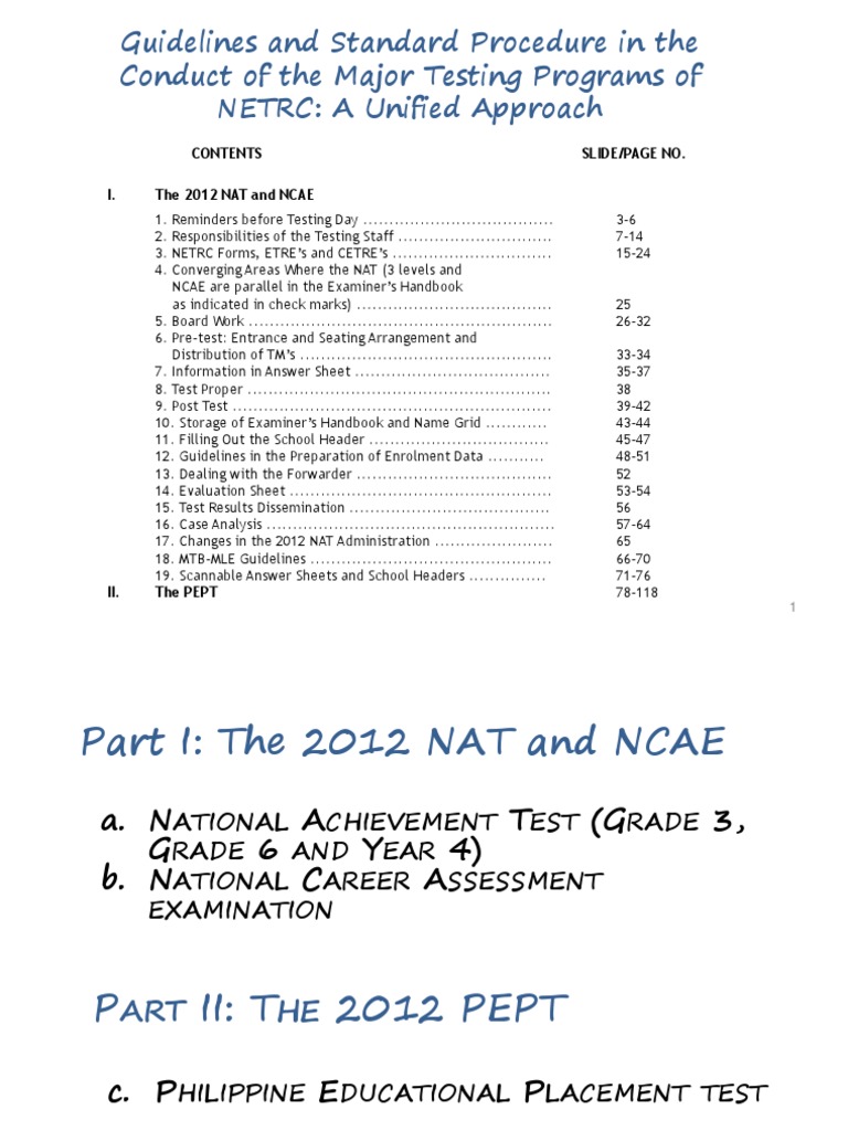 Guidelines and Standard Procedure in The Conduct of The Major Testing ...