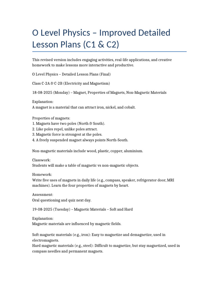 O Level Physics Lesson Plans: Magnetism & Motion | PDF | Magnet | Magnetism