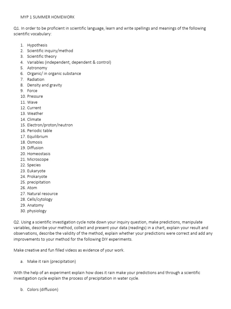 MYP Summer Homework: Science Vocabulary & Experiments | PDF | Natural ...