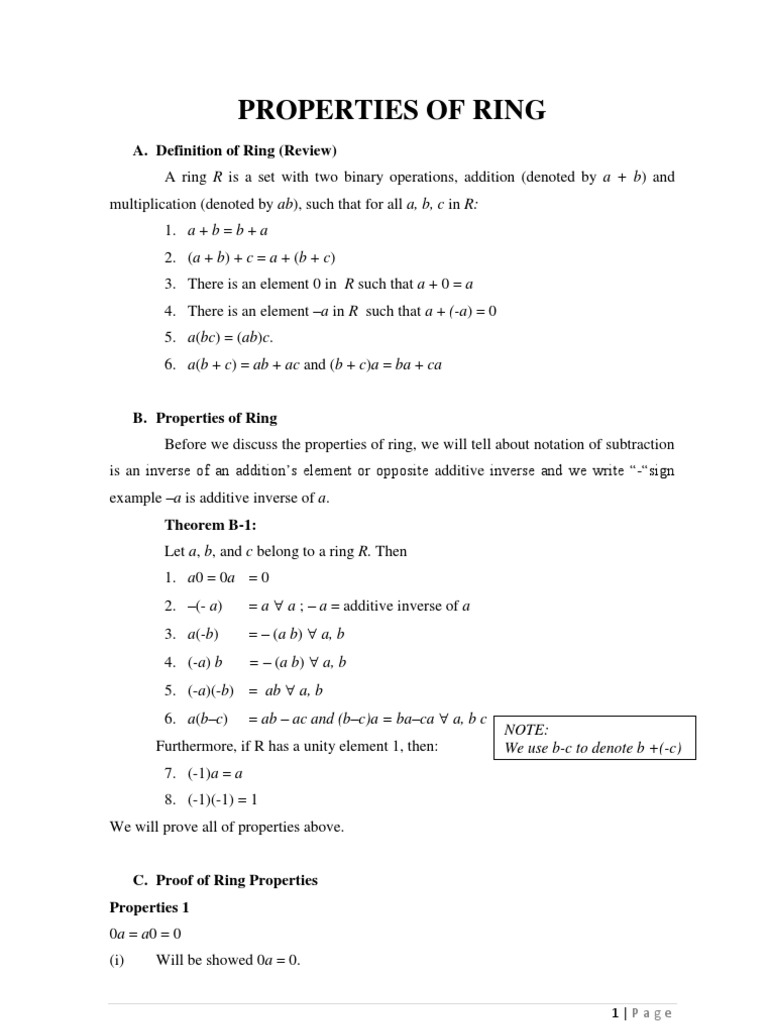 Properties of Ring | PDF | Ring (Mathematics) | Multiplication