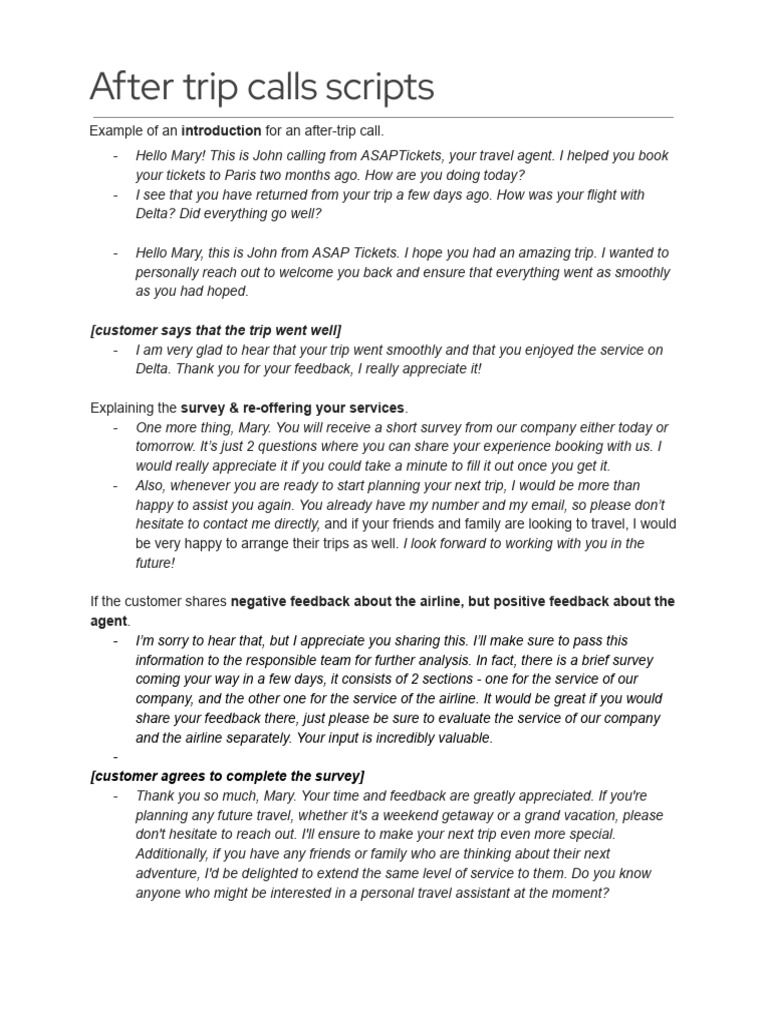 After-Trip Call Scripts for Agents | PDF