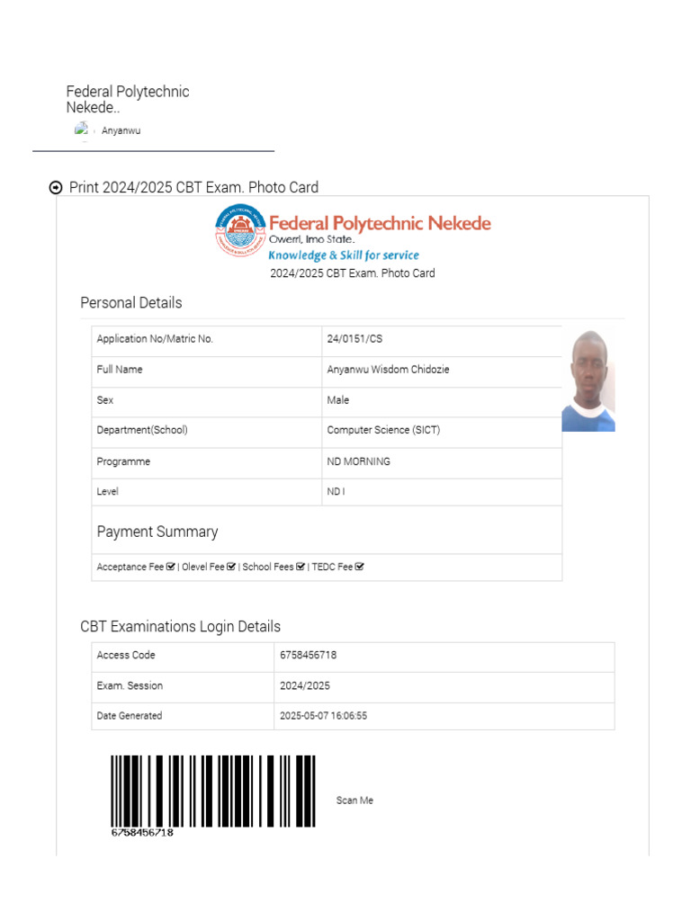Print 2024 - 2025 CBT Exam. Photo Card - Federal Polytechnic Nekede.. | PDF