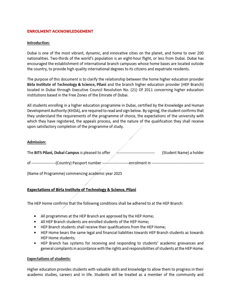 KHDA Attestation for BITS Pilani Dubai | PDF