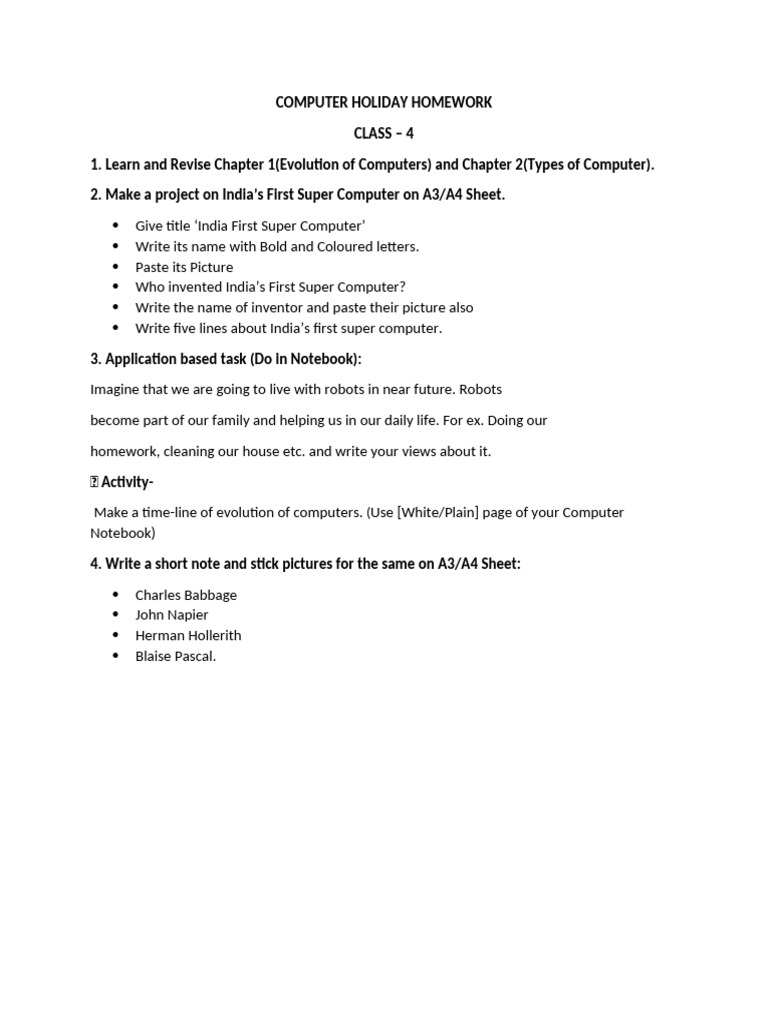 Class 4 Computer Holiday Homework | PDF