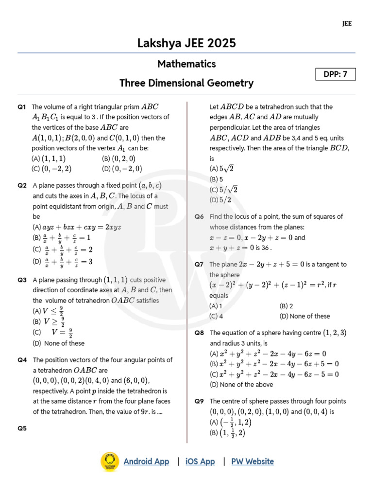 Three Dimensional Geometry DPP 07 (Extra DPP) | PDF | Triangle | Area