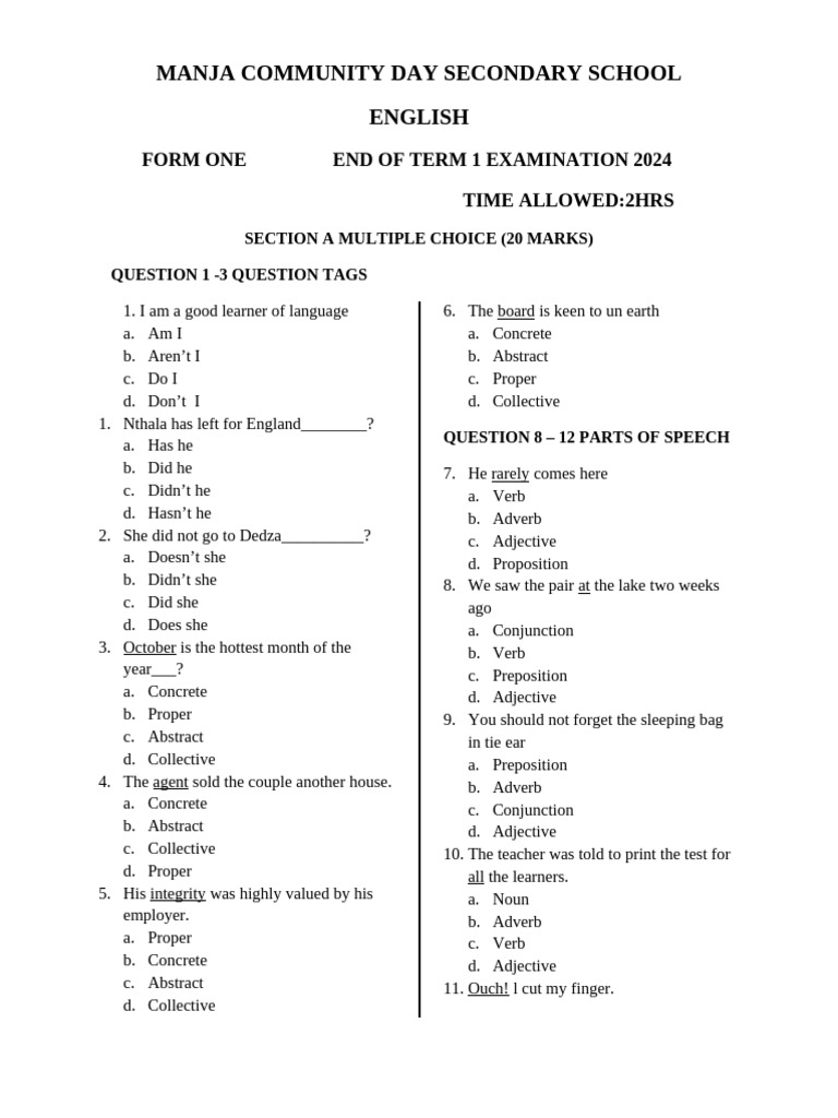 Form One English Exam 2024 Guide | PDF | Grammatical Tense | Adverb