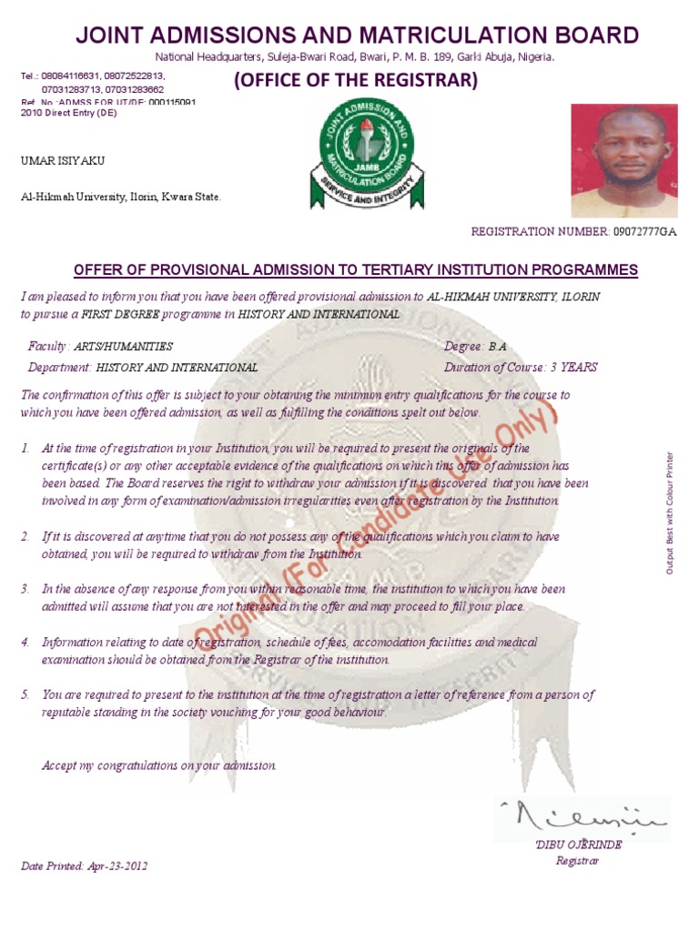 Jamb Admission Letter | PDF | University And College Admission ...