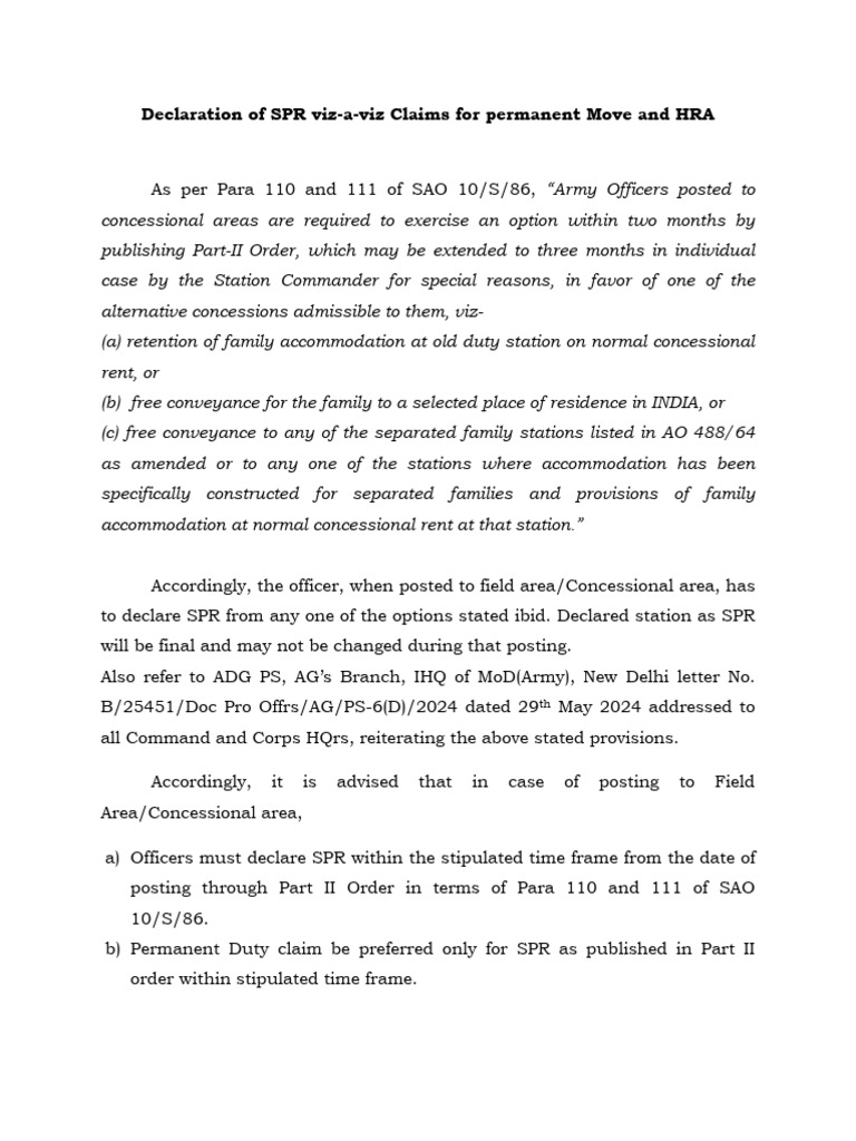 SPR Declaration for Army Officers' Claims | PDF