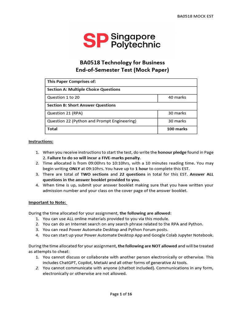 BA0518 Mock EST Paper and SOLN - Copy | PDF | Microsoft Excel | Control Flow