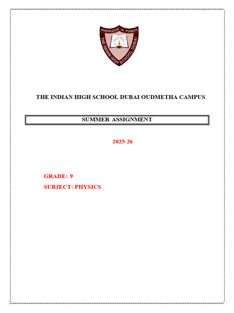Grade 9 Physics Summer Assignment | PDF | Acceleration | Velocity