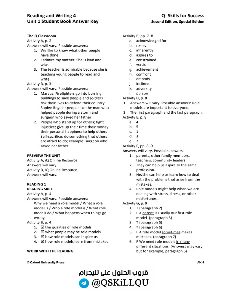 Reading and Writing Level 4 Answer Key | PDF