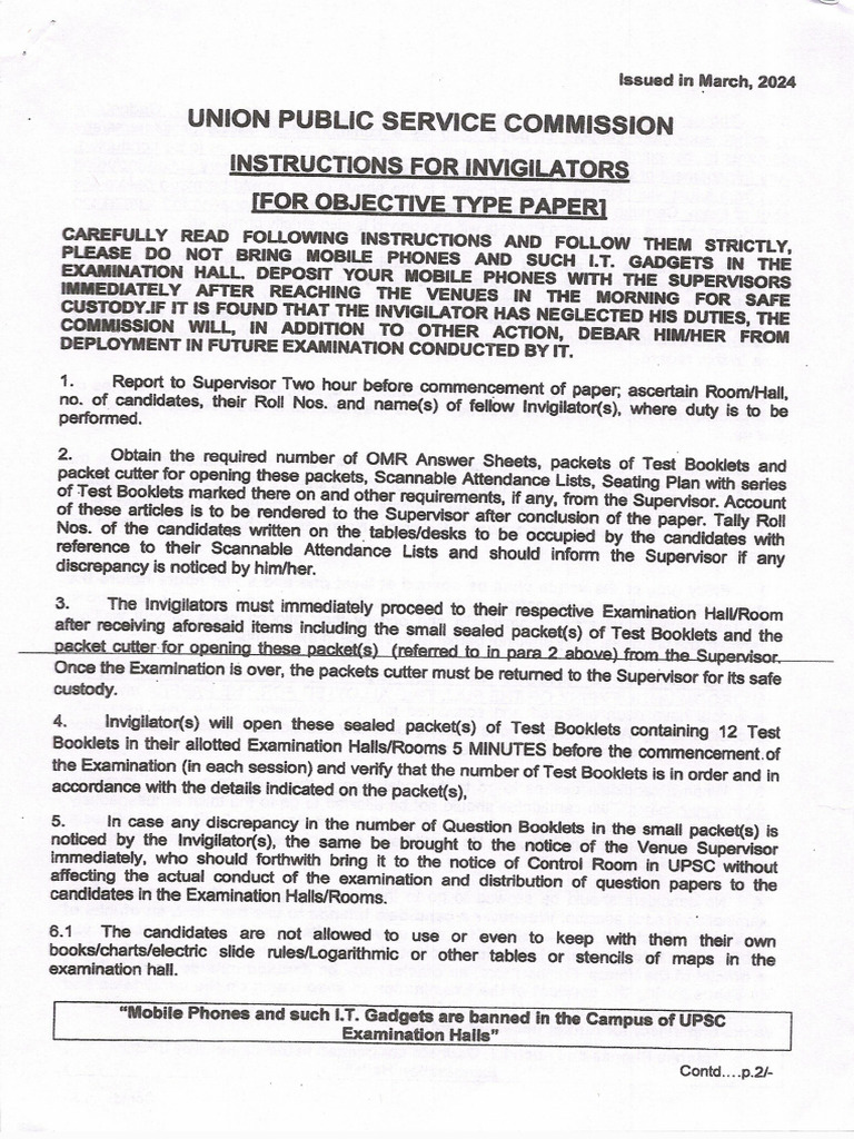 Upsc Instructions For Invigilators - 0001 | PDF