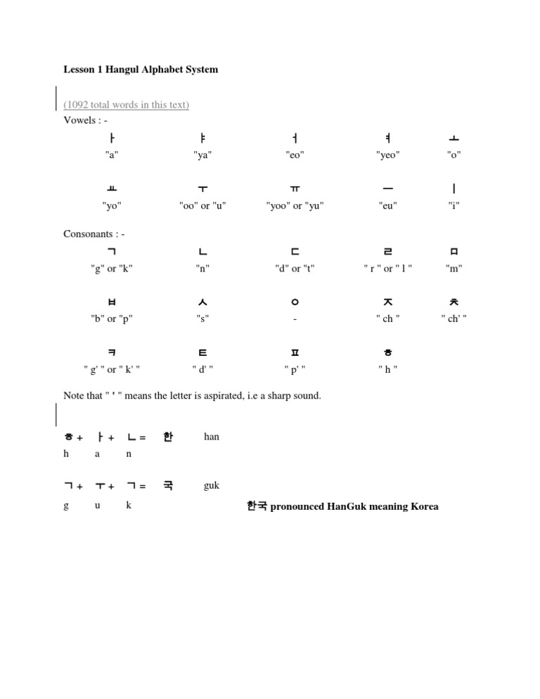 Intro to Hangul Alphabet System | PDF