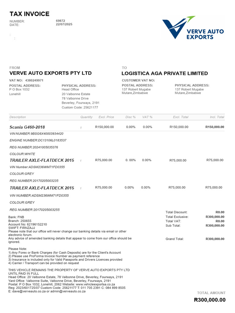 Tax Invoice for Vehicle Export Services | PDF | Invoice | Payments