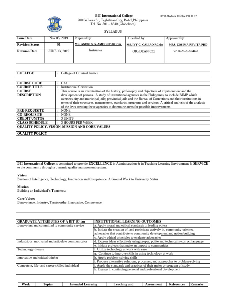 Ca1 Obe Course Syllabus | PDF | Prison | Prisoner