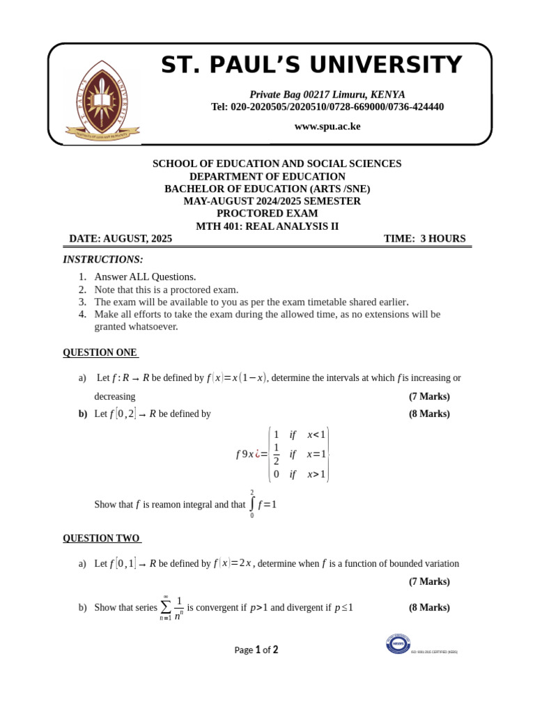 MTH 401 Real Analysis II | PDF | Mathematical Analysis | Real Analysis