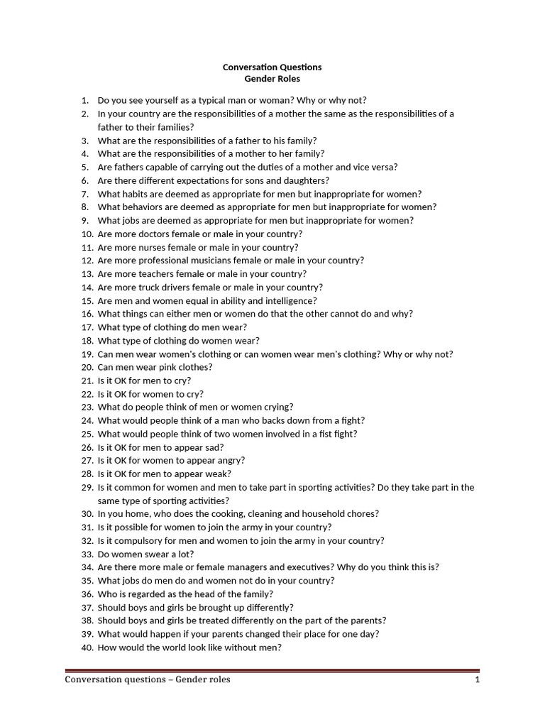 Gender Roles Conversation Questions | PDF