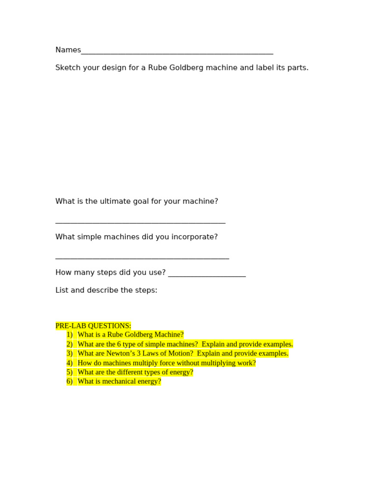 Rube Goldberg Project Plan Sheet Drawing 1 | PDF
