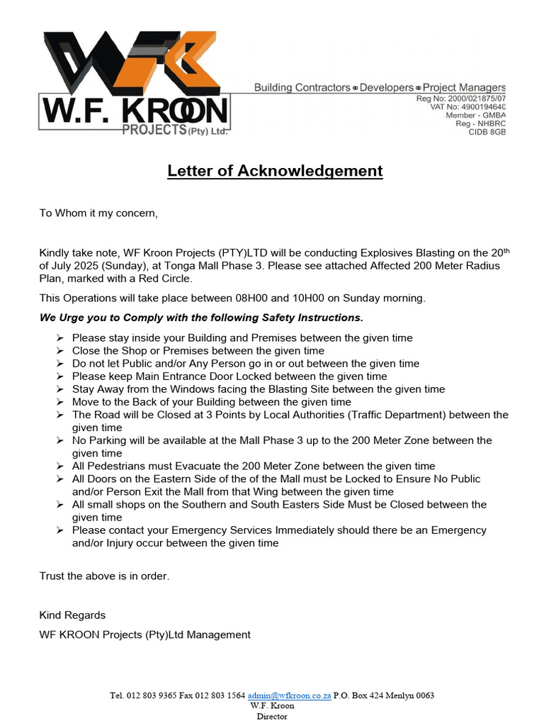 WF KROON Blasting Letter | PDF