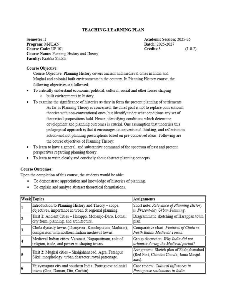 Lecture Plan For Planning History and Theory | PDF | Theory | Liberal ...