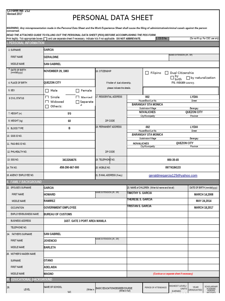 CSC Form 212 Personal Data Sheet 2017 | PDF | Government