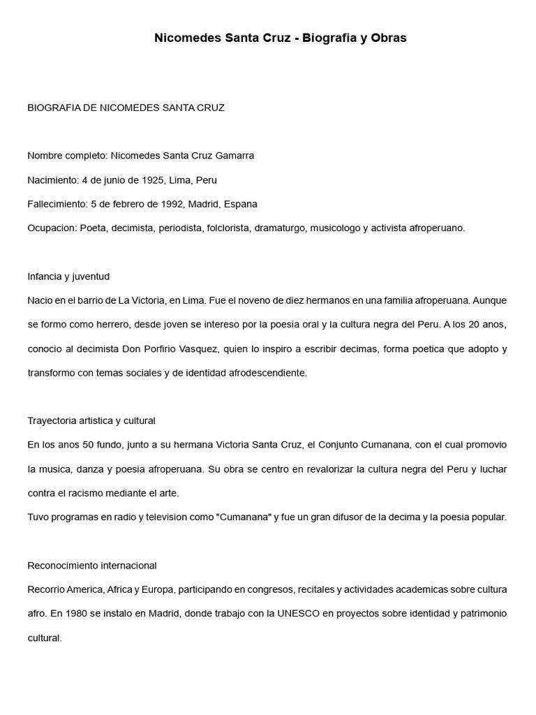 Nicomedes Santa Cruz Biografia y Obras | PDF