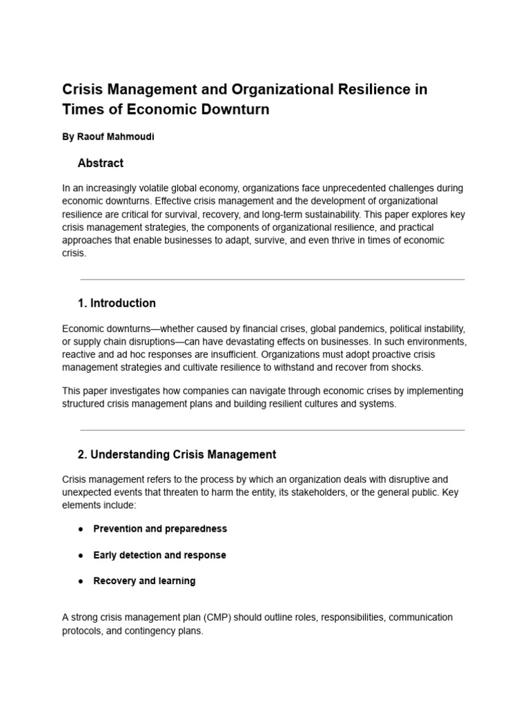 Crisis Management and Organizational Resilience in Times of Economic ...