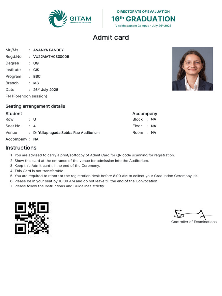 Gitam Convocation Admit Card 2025 | PDF