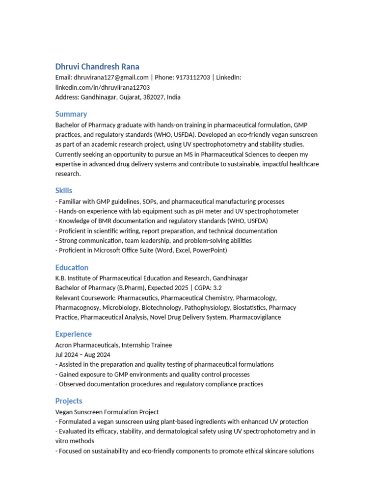 Dhruvi Rana Resume Updated | PDF | Pharmacy | Food And Drug Administration