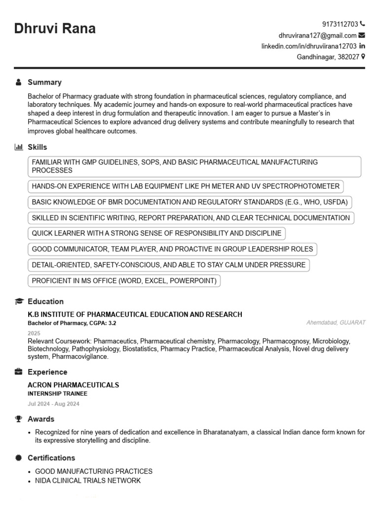 Dhruvi Chandresh Rana Resume | PDF | Pharmacy | Medicinal Chemistry