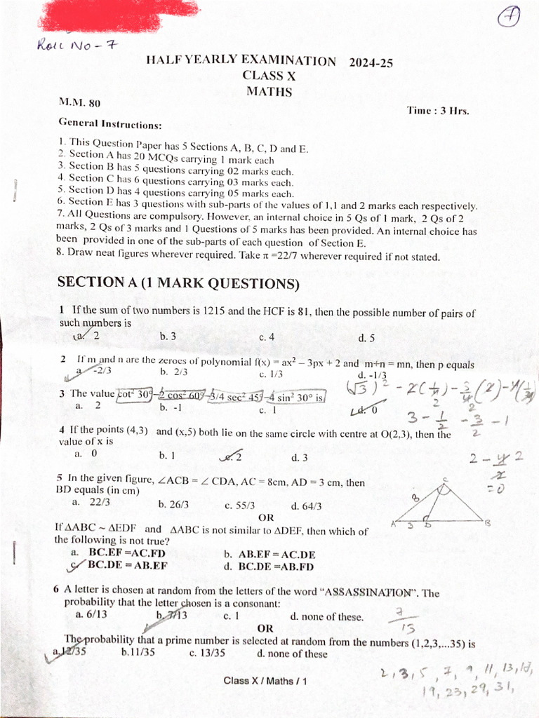 Maths Half Yearly Question Paper | PDF