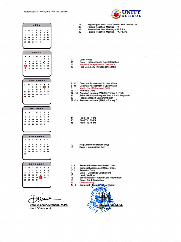 Academic Calendar Jul-Dec 2025-2026 (SD Unity) - TTD | PDF