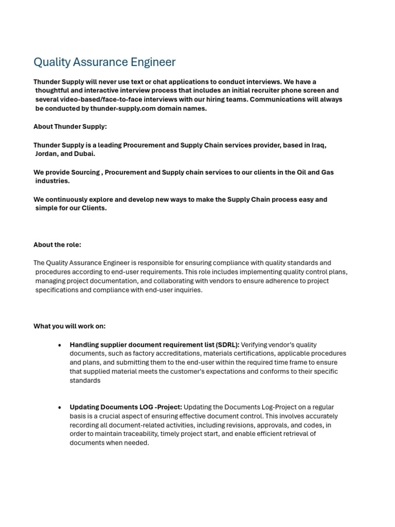 Quality Assurance Engineer JD | PDF | Specification (Technical Standard ...